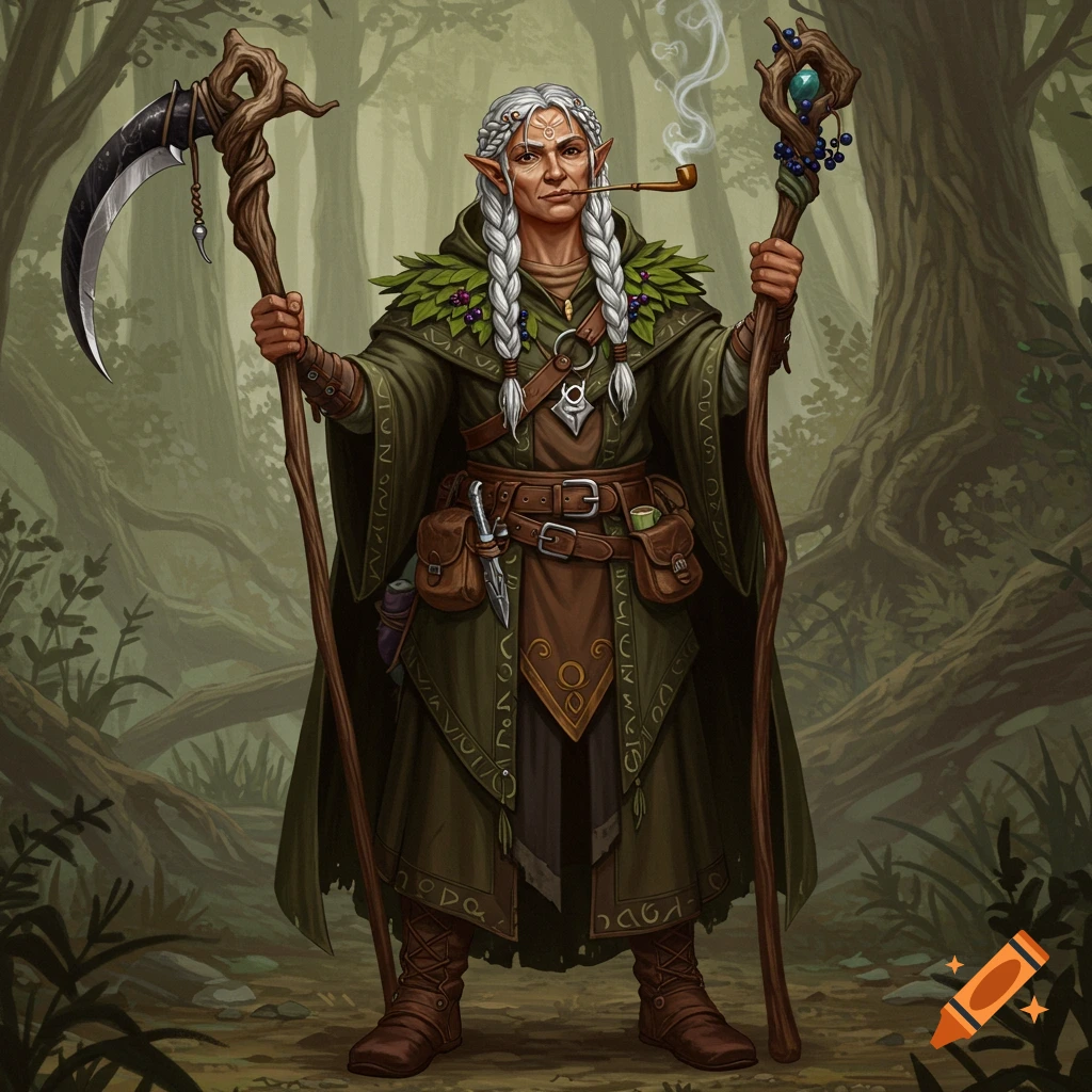 A female druid in a forest stands holding a scythe and a staff, smoking ...