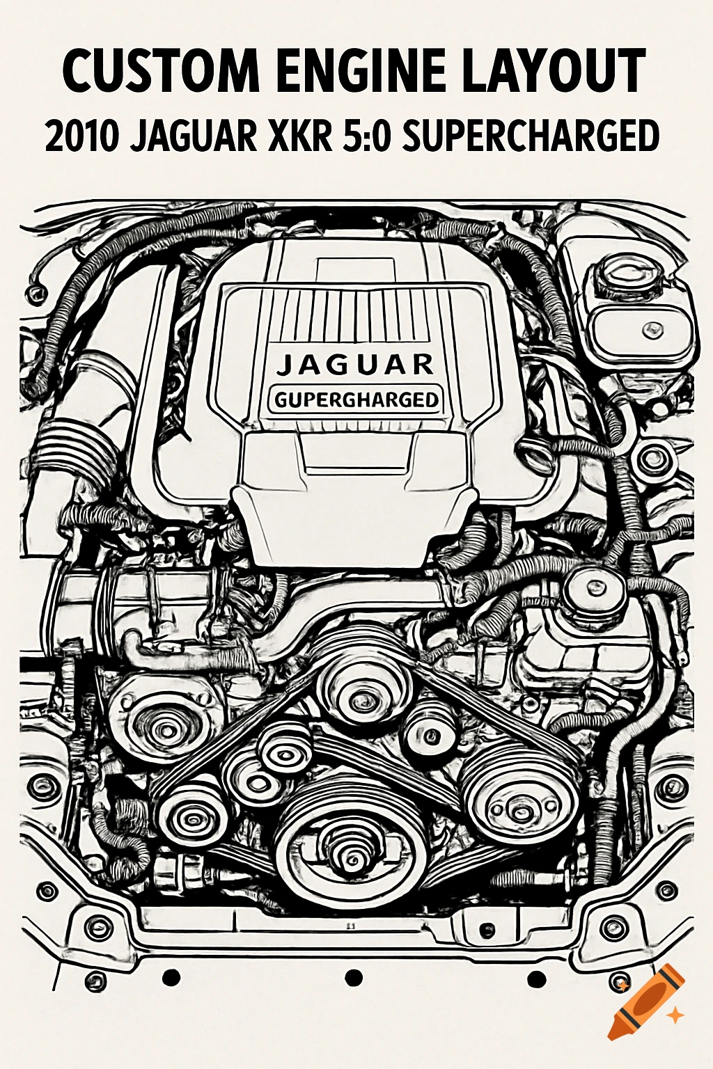 Black and white technical diagram of a Jaguar XKR 5.0 supercharged car ...