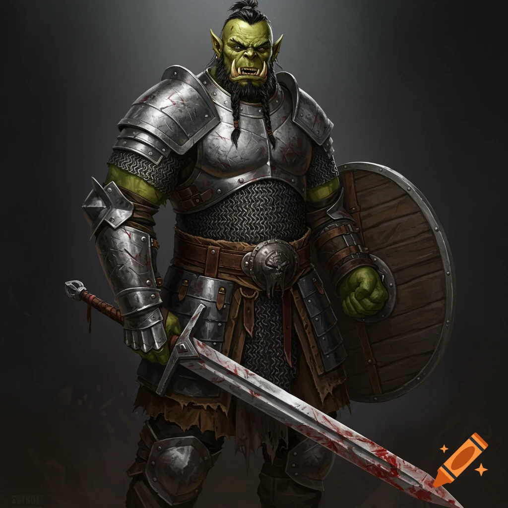 An armored orc warrior stands holding a bloodied sword and shield. on ...
