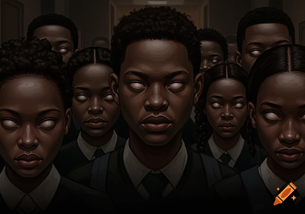 A group of Black students with blank white eyes stare directly at the ...