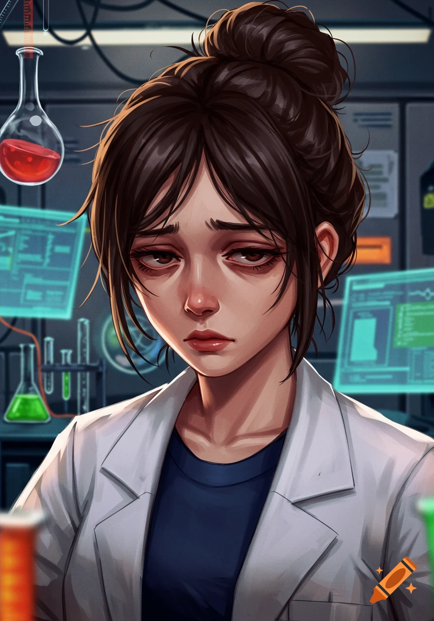 Tired anime woman in a lab coat stands in a science lab. on Craiyon