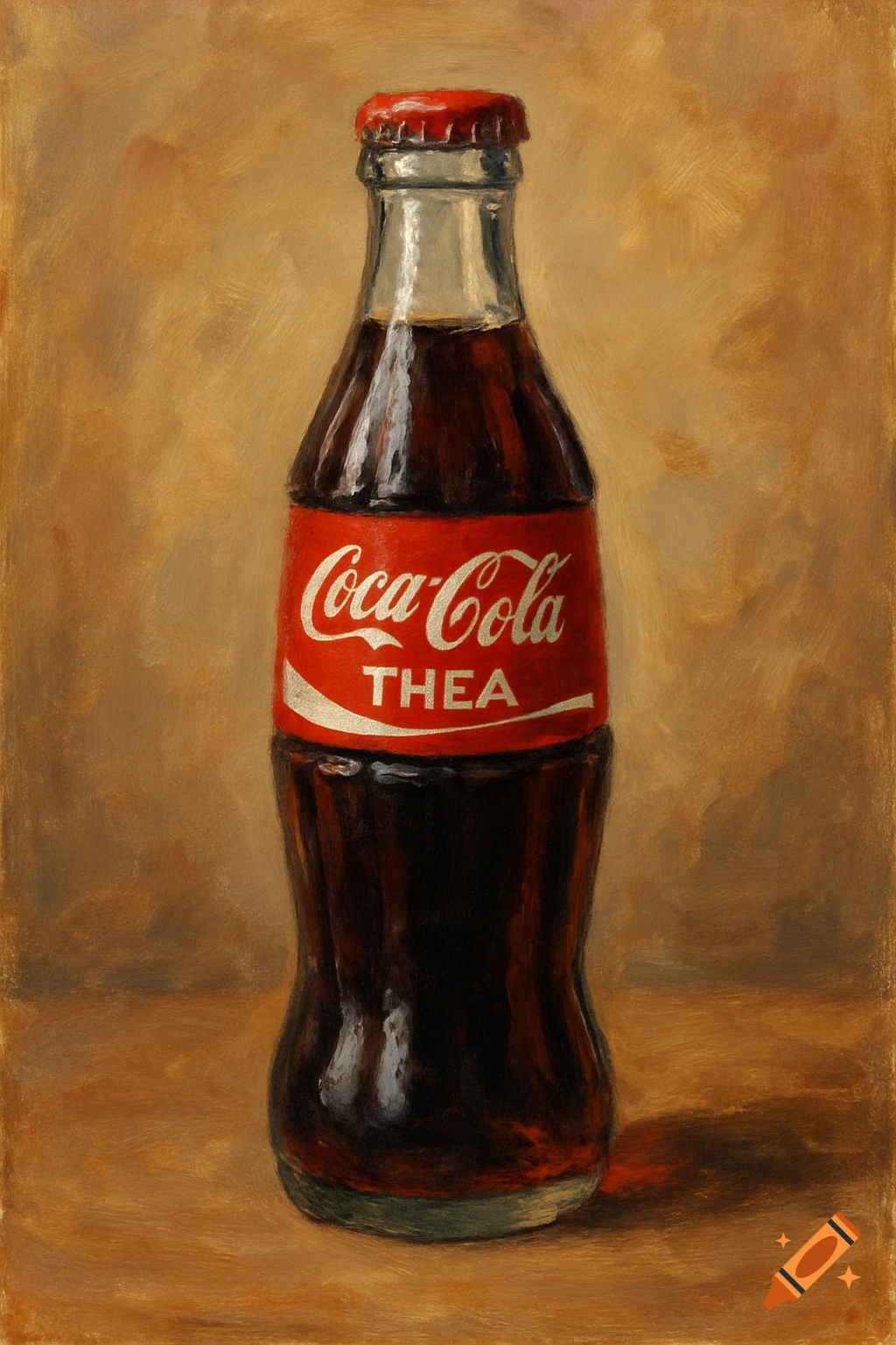 Oil painting of a Coca-Cola bottle with Thea on the label. on Craiyon