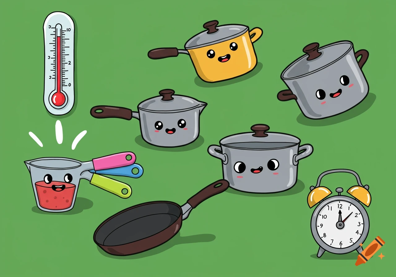 Cartoon kitchen items including pots, pans, measuring cup, thermometer ...