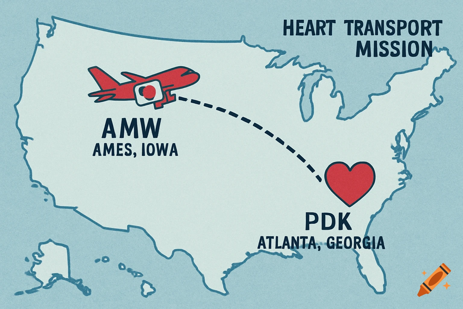 Illustration of a US map showing a heart transport mission flight path ...