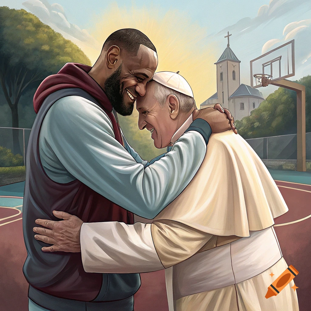 Illustration of LeBron James and Pope Francis hugging on a basketball ...