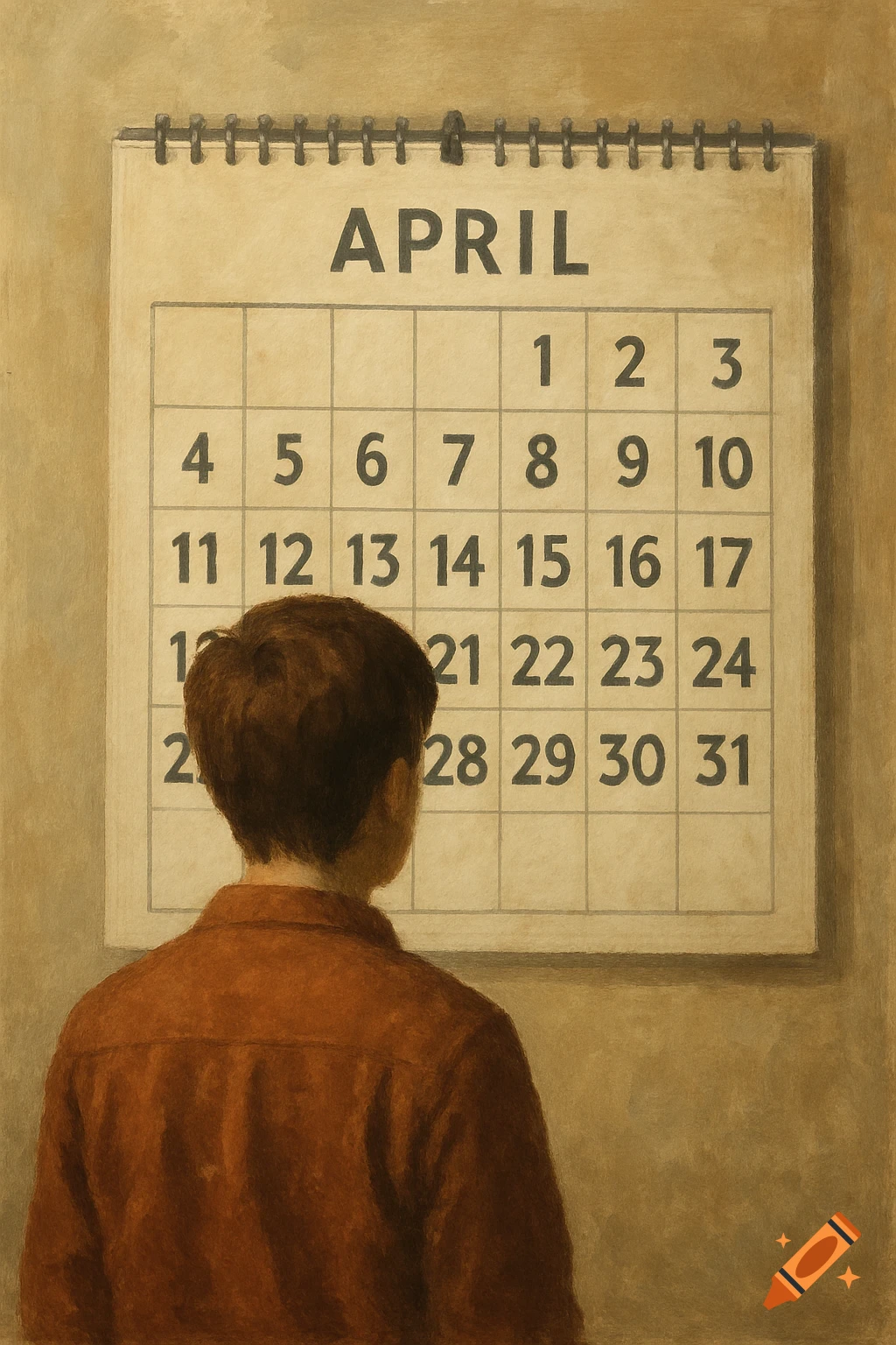 A person viewed from behind looks at an April calendar, painted style ...