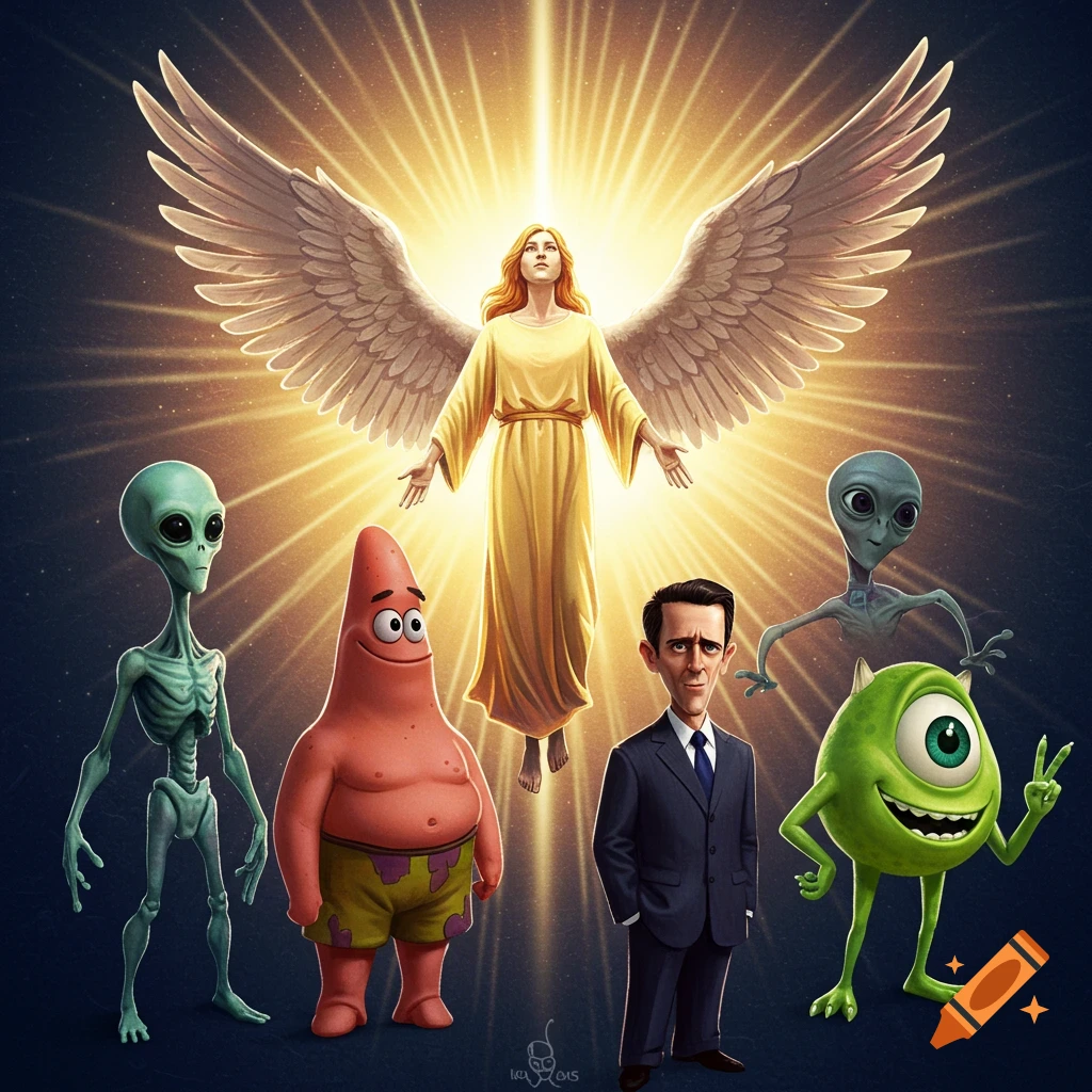 Angel in a light burst with Patrick Star, aliens, a man in a suit, and ...
