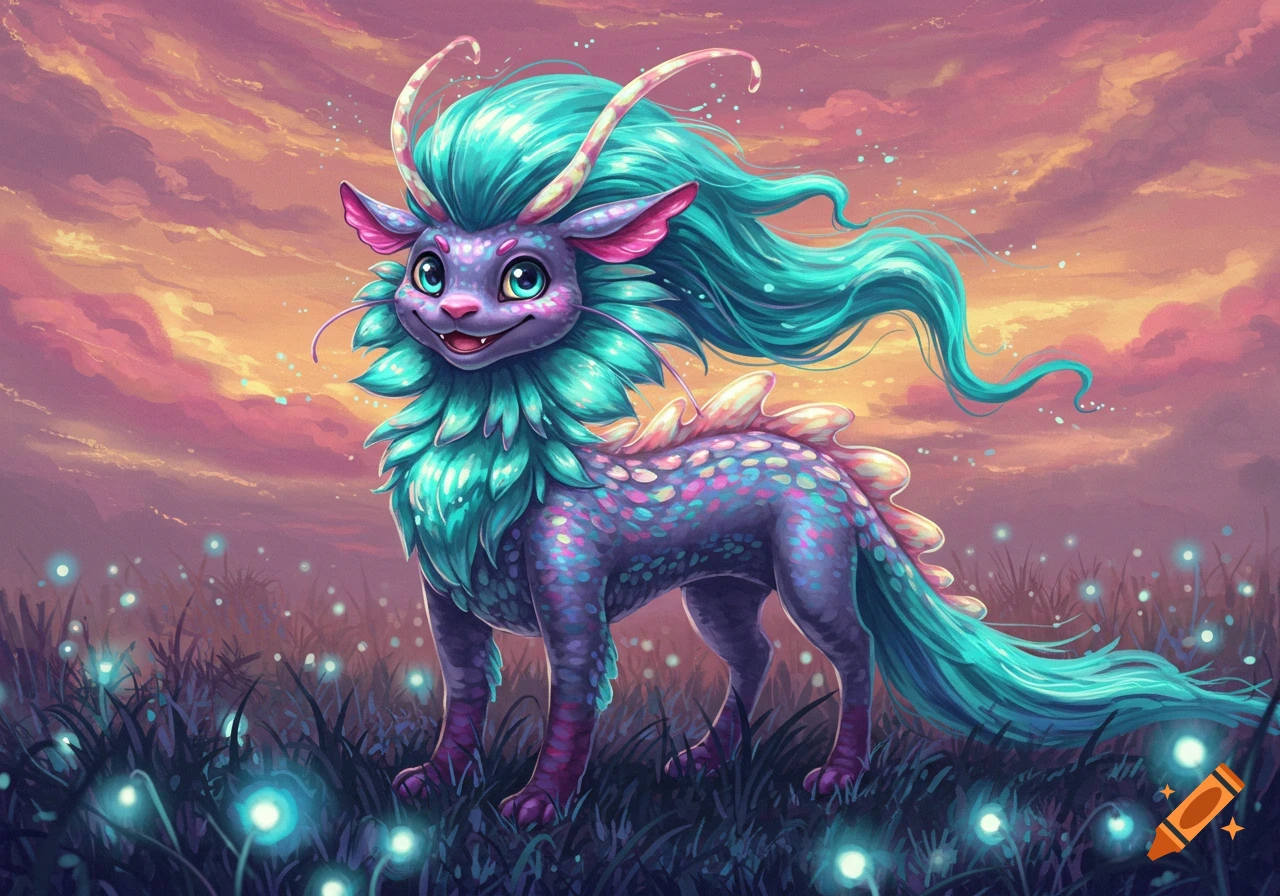 Cute purple and teal mythical creature in a fantasy field at sunset ...