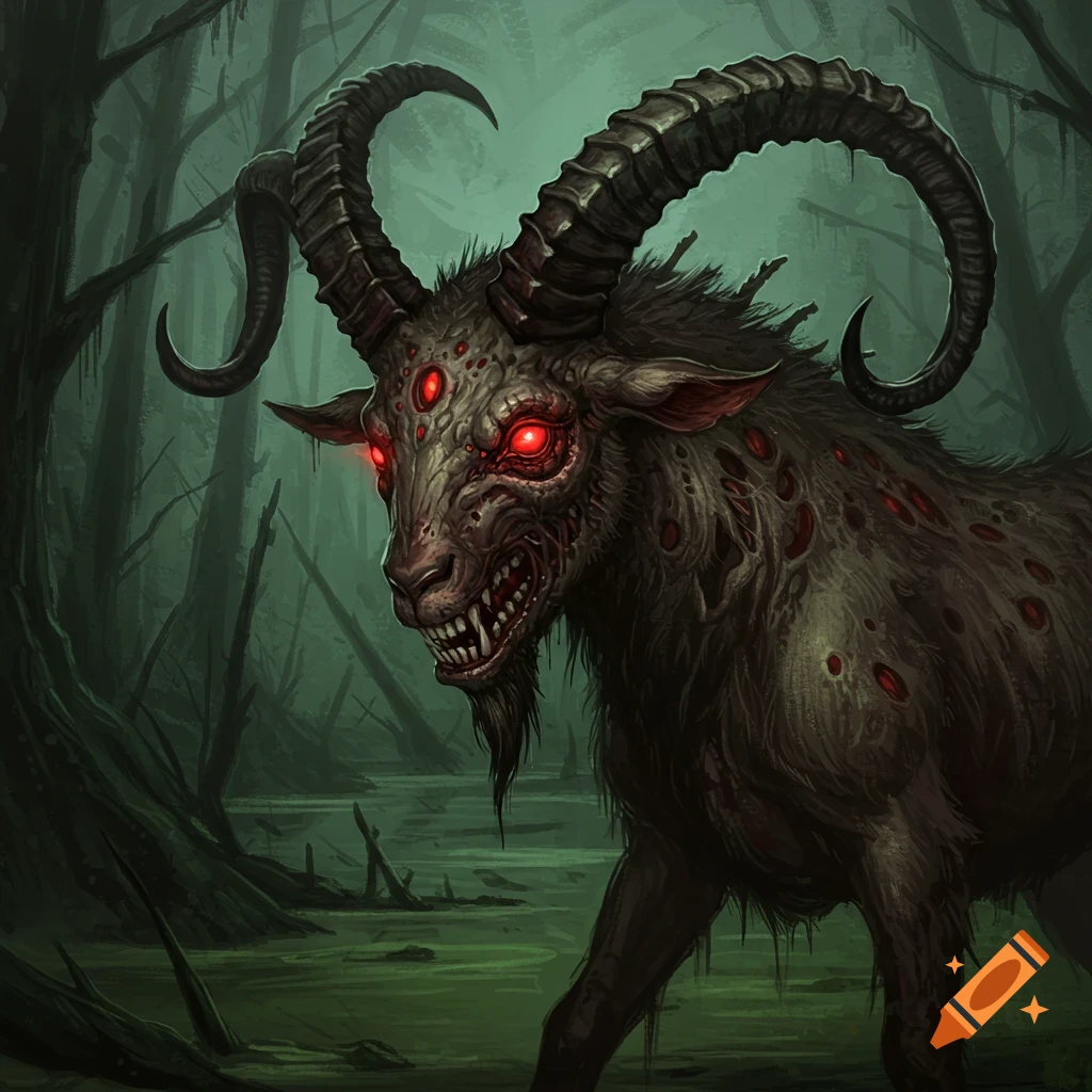 A grotesque, multiple-eyed goat creature with red eyes and large horns ...