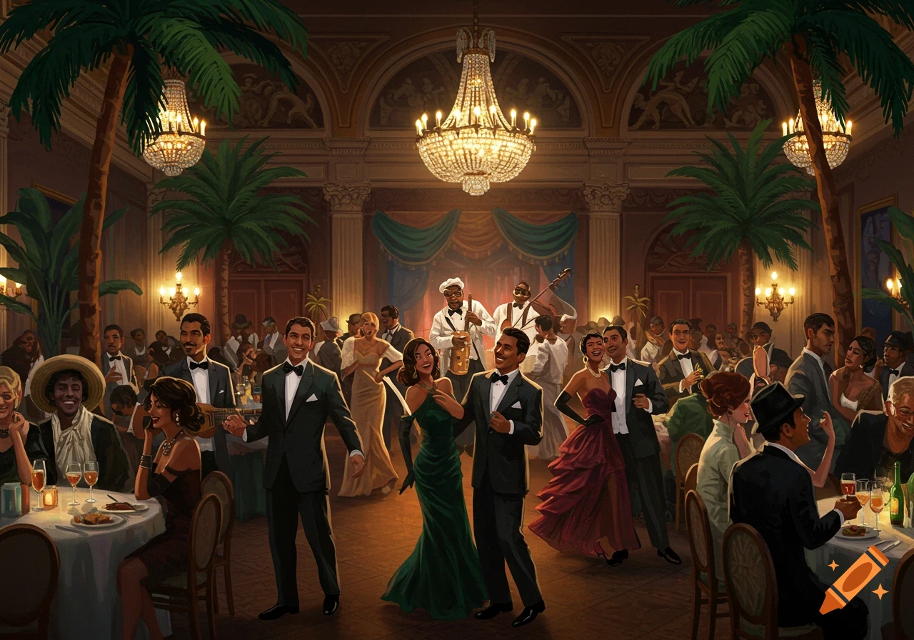 Illustration of a formal party indoors with people dancing and ...