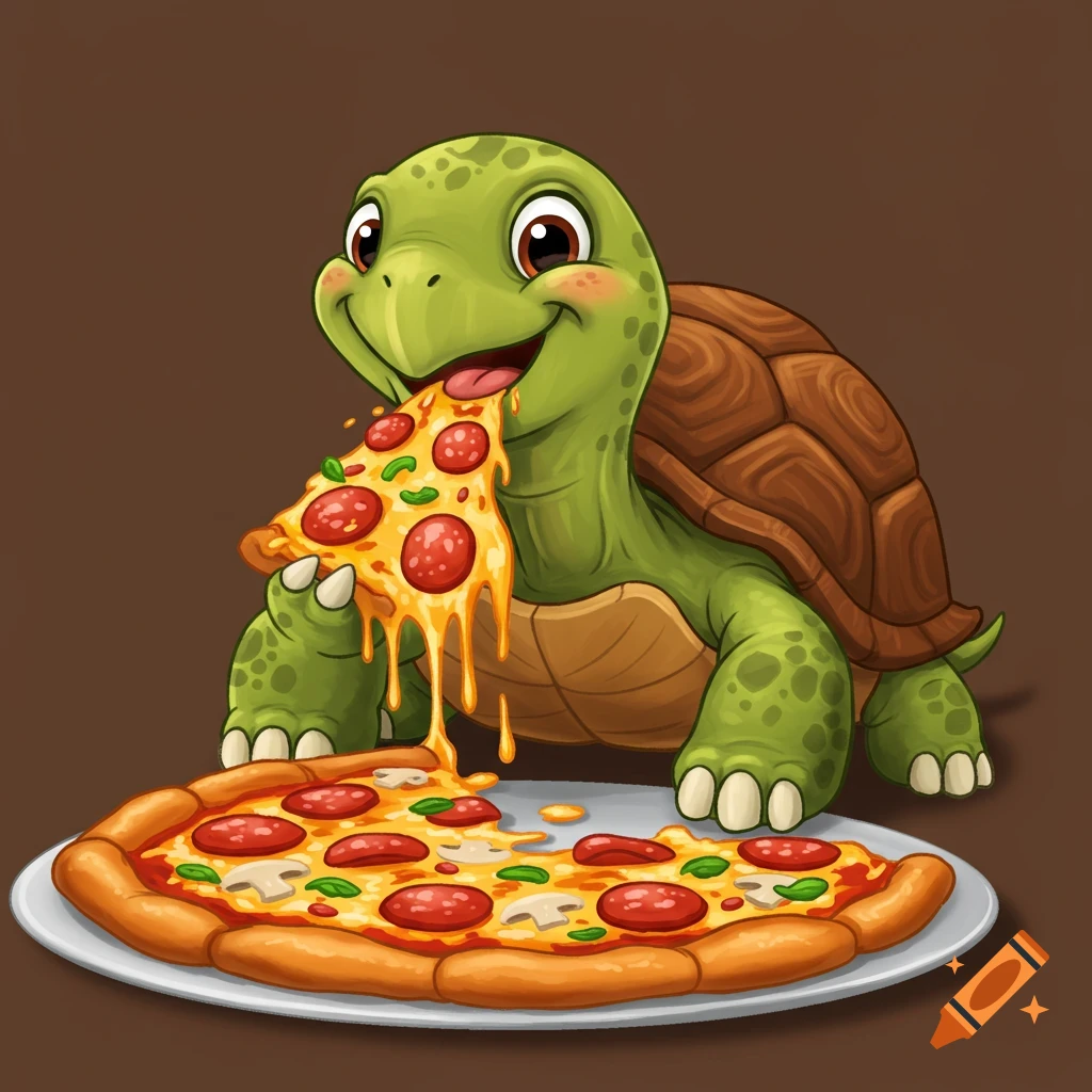 A cartoon turtle happily eating a slice of pizza on Craiyon