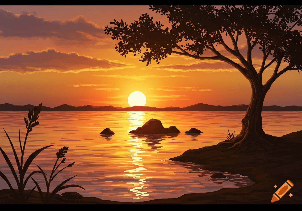Drawing of a sunset over water with mountains, a large tree in the ...