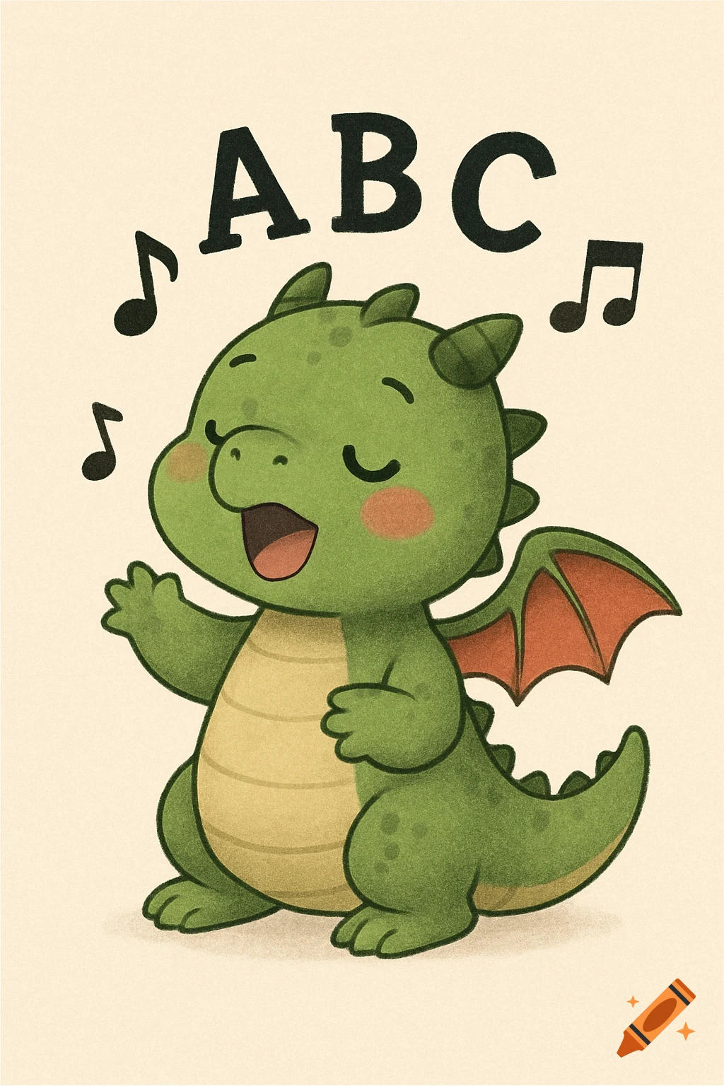 A cute cartoon baby dragon sings the ABCs, with musical notes floating ...