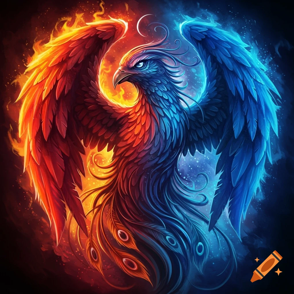 Illustration of a phoenix split red with fire and blue with ice. on Craiyon