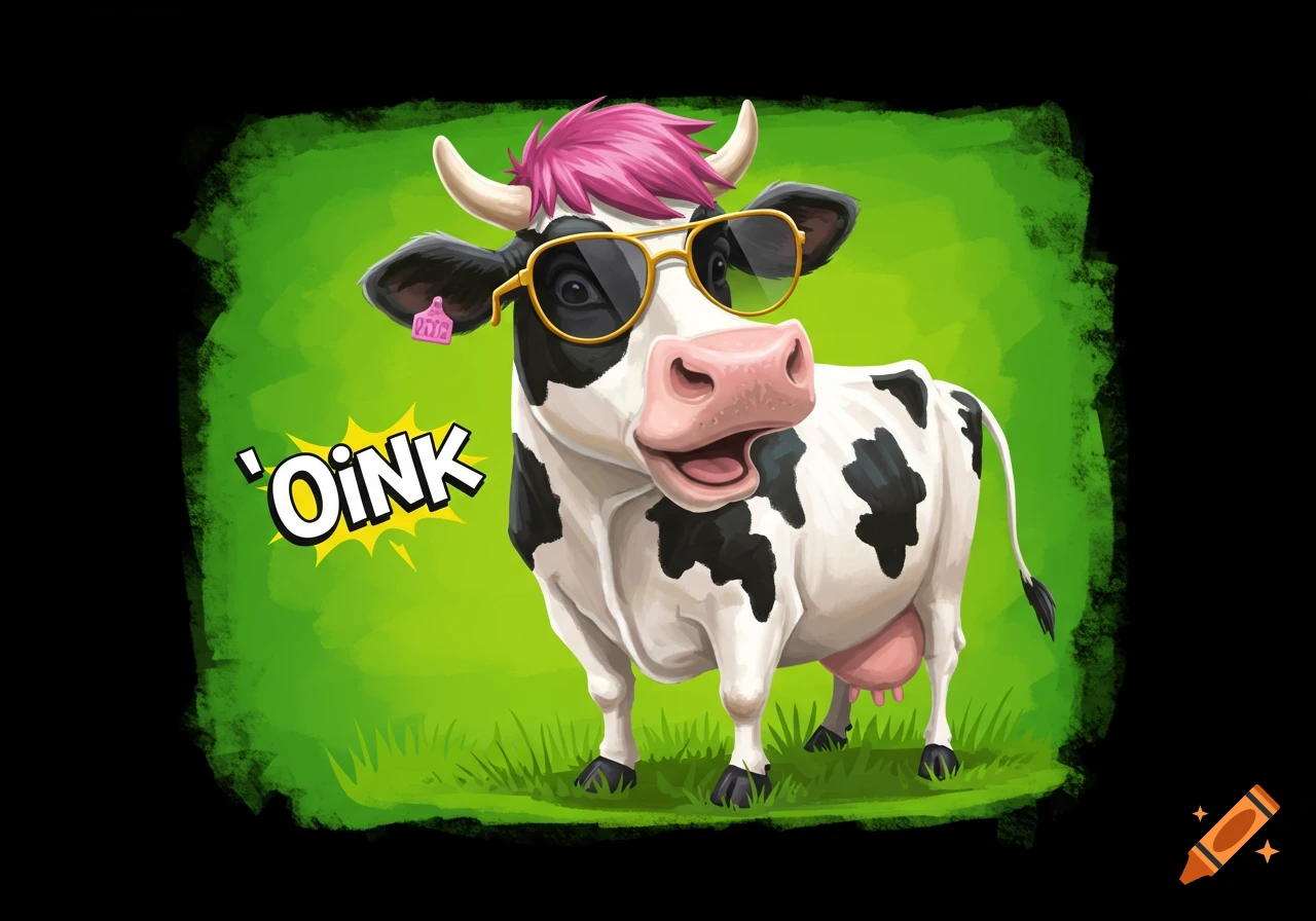 Cartoon cow with pink hair and sunglasses says 'OINK' in a speech ...