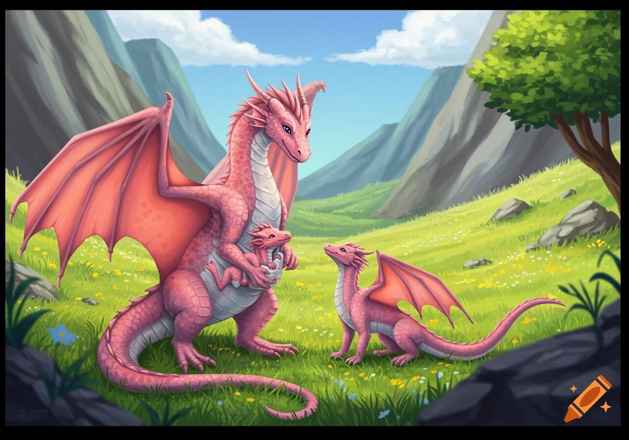 An illustration of a mother pink dragon with her two babies in a grassy ...