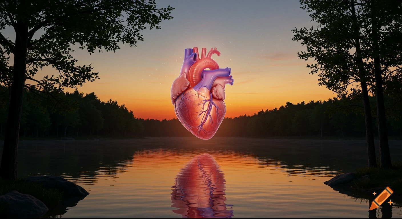 A realistic heart floats above a lake with trees on the banks at sunset ...