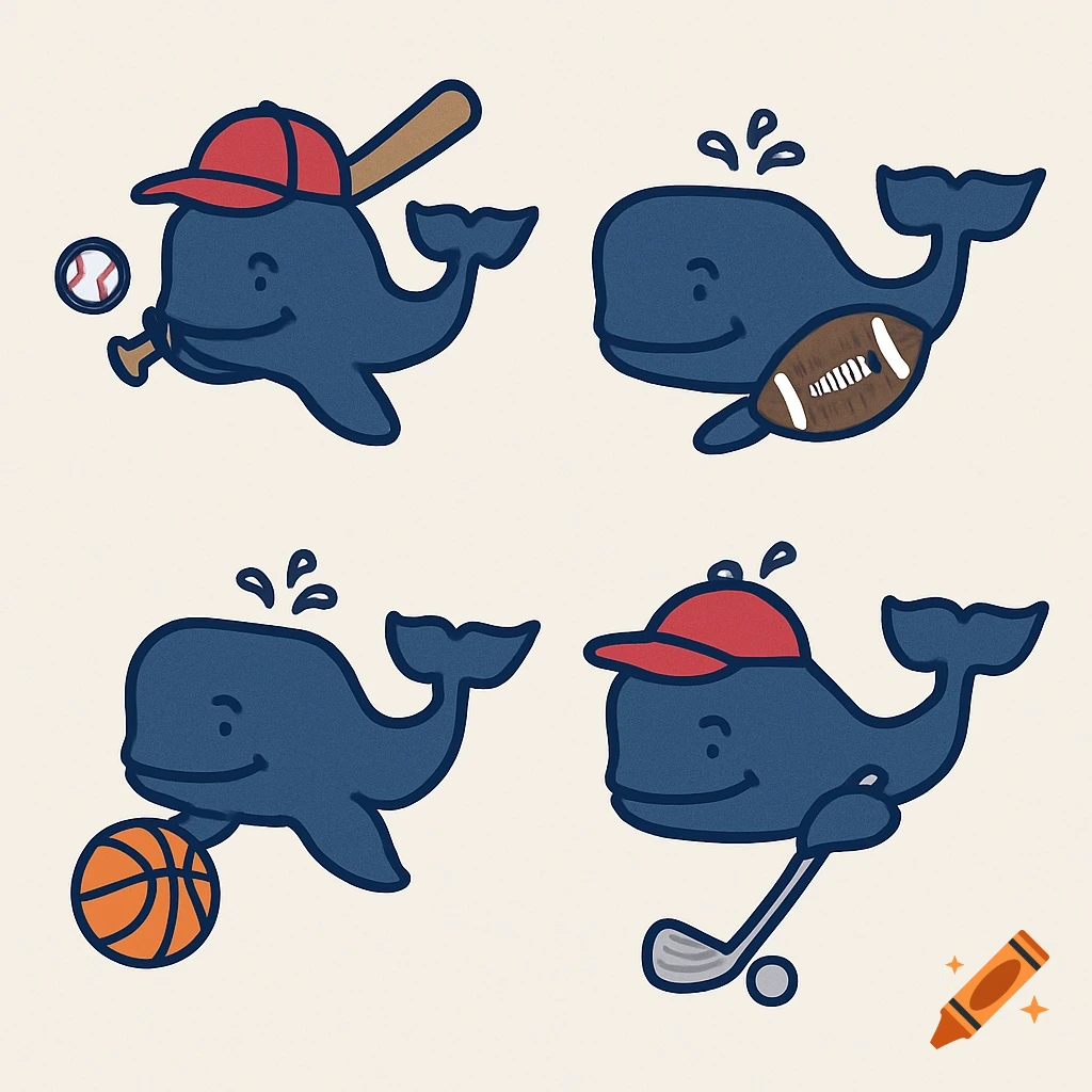 Four cartoon whales playing baseball, football, basketball, and golf ...