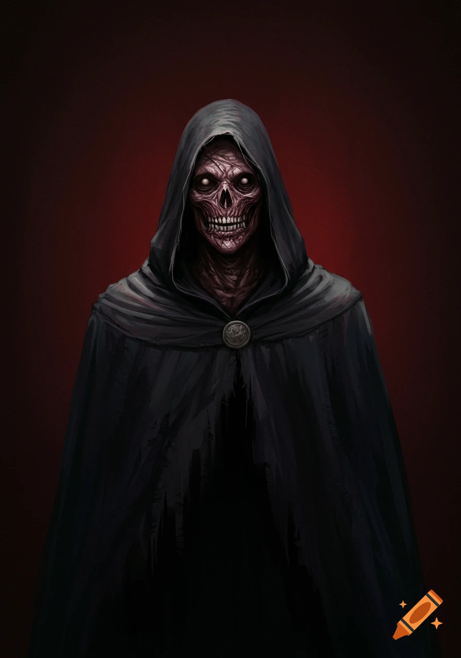 A dark hooded figure with a skeletal face, sharp teeth, and glowing ...