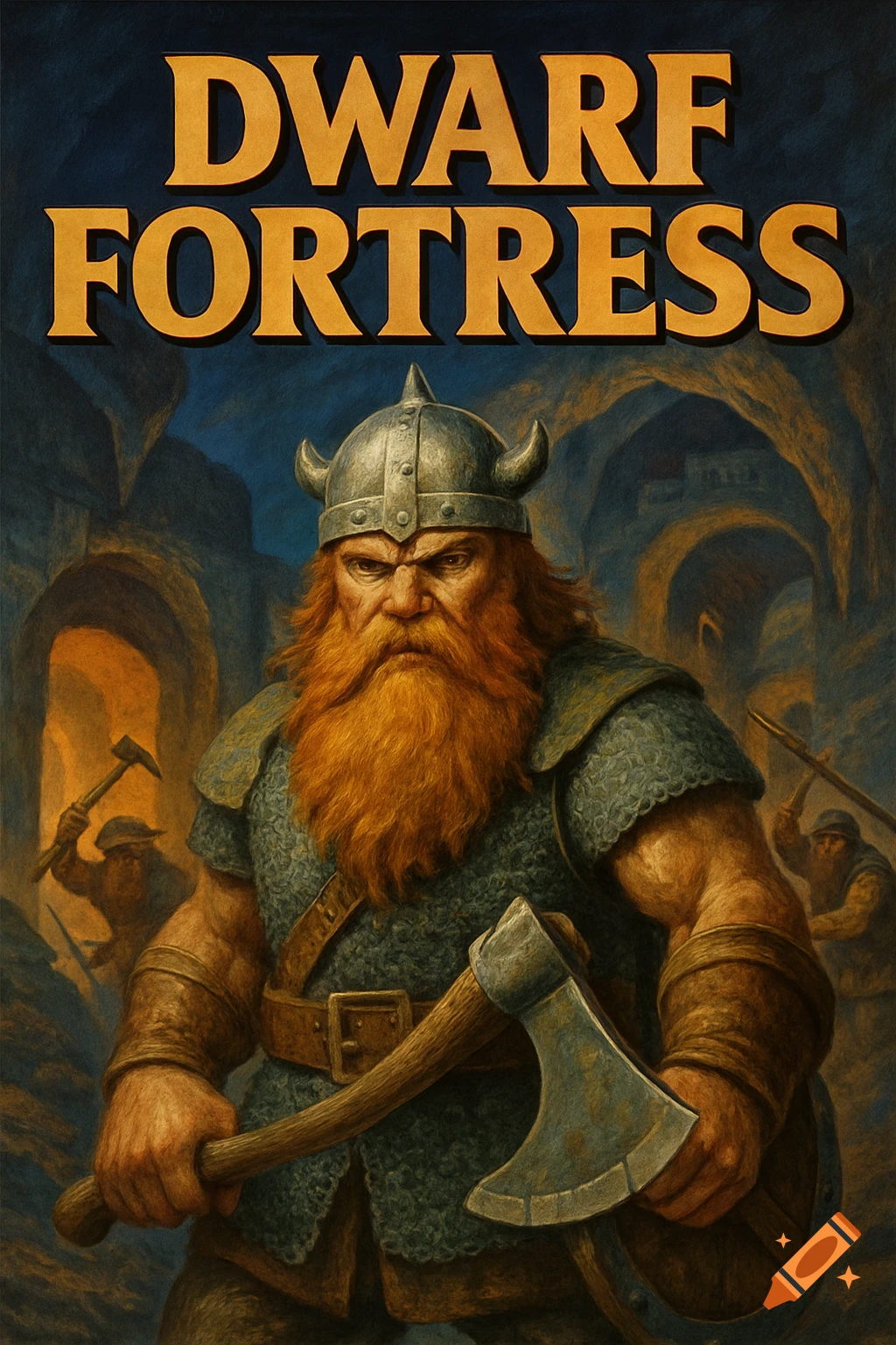 Dwarf Fortress game poster featuring a dwarf holding an axe in a mine ...