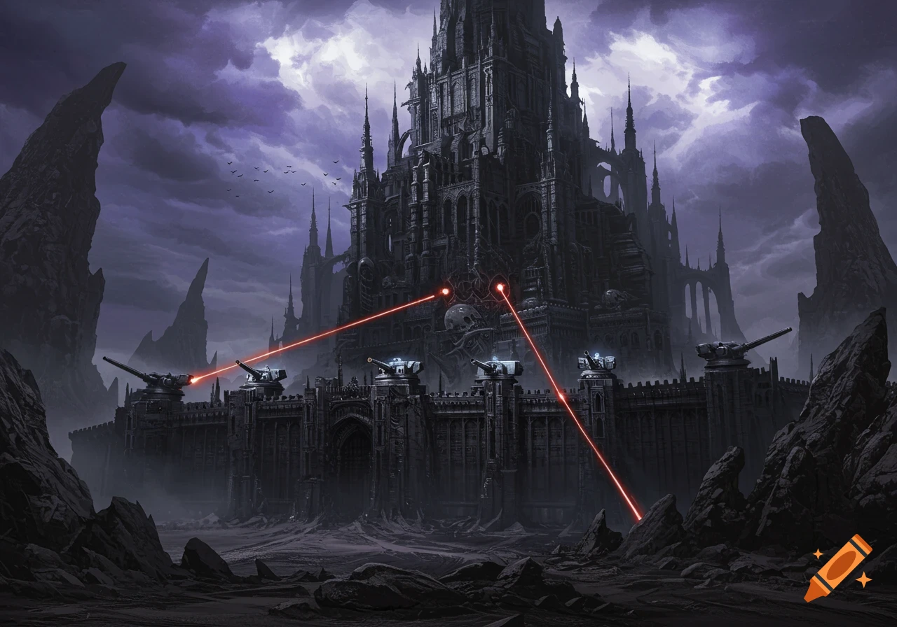 Dark futuristic brutalist castle with cannons firing lasers under a ...