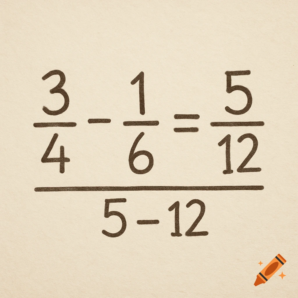 A handwritten math problem showing fraction subtraction on textured ...