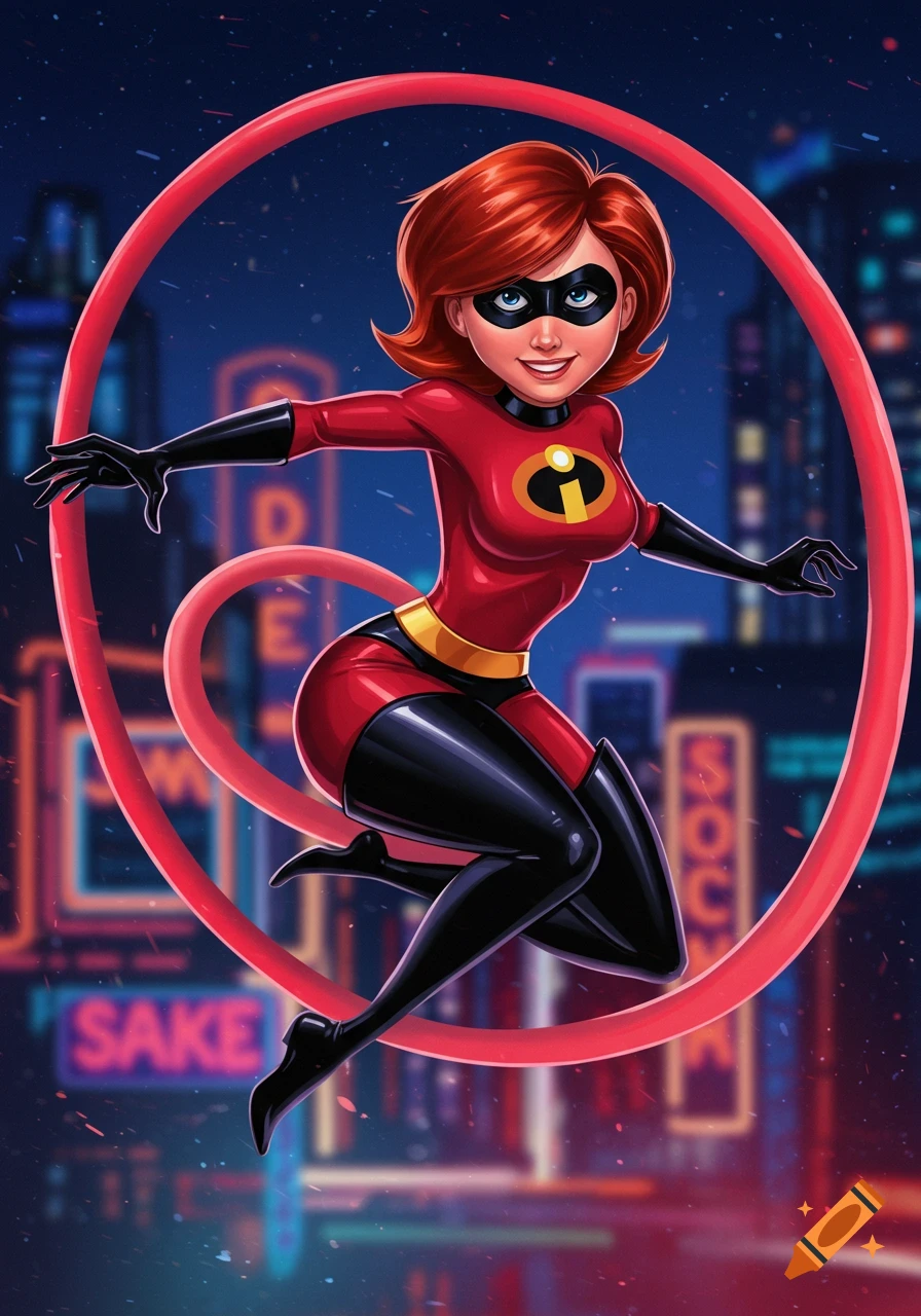 Elastigirl in her red suit poses against a blurred city background with neon signs. on Craiyon