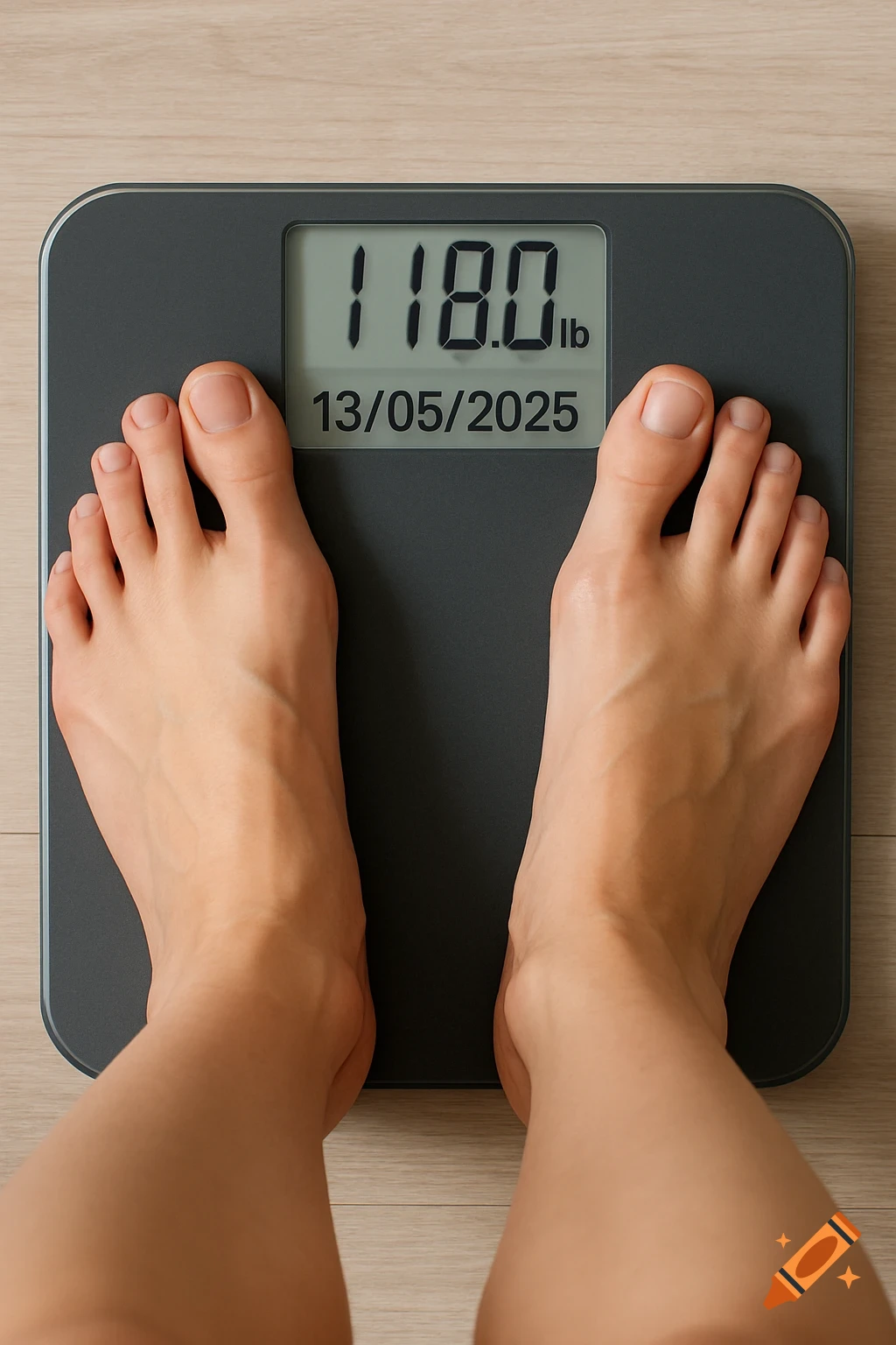 Feet on a digital scale showing a weight of 118.0 lb and the date 13/05 ...