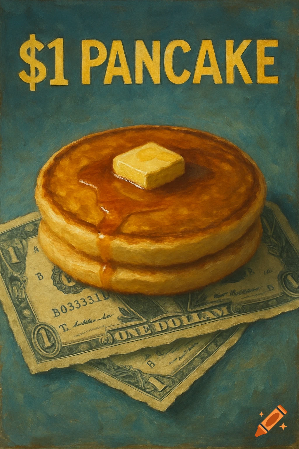 Pancakes with butter and syrup on dollar bills with $1 Pancake text in ...