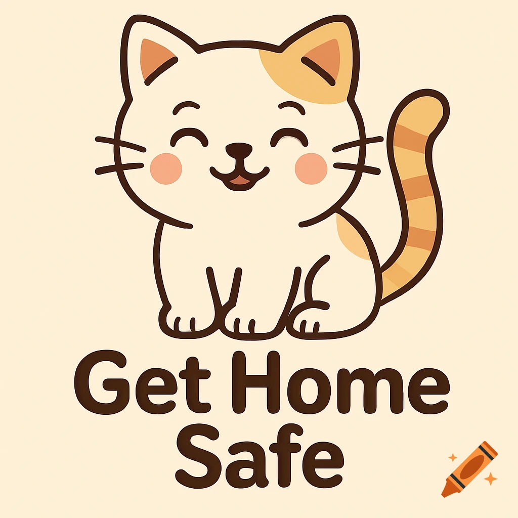 A cute cartoon cat sits with the text 'Get Home Safe' below it. on Craiyon