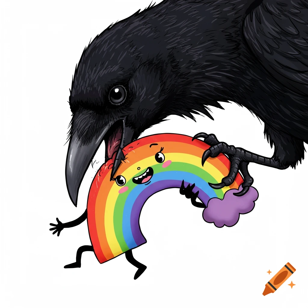 Illustration of a black crow biting a cartoon rainbow character on Craiyon