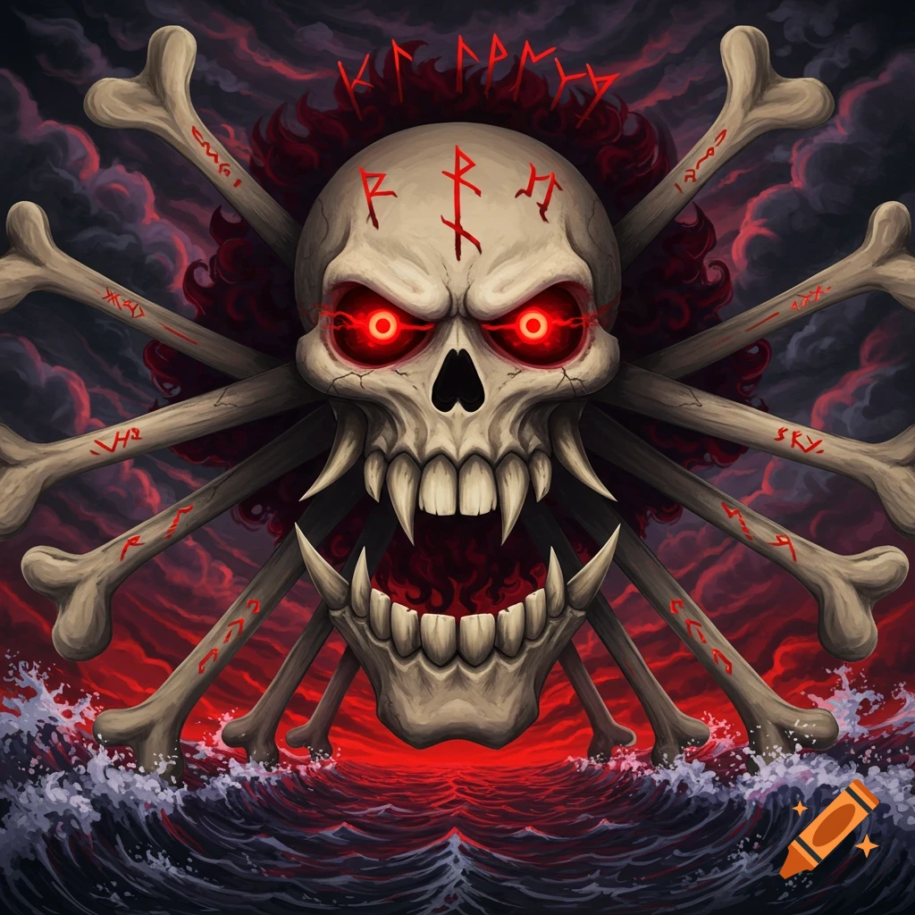 Intimidating skull and crossbones with red eyes and runes over stormy ...