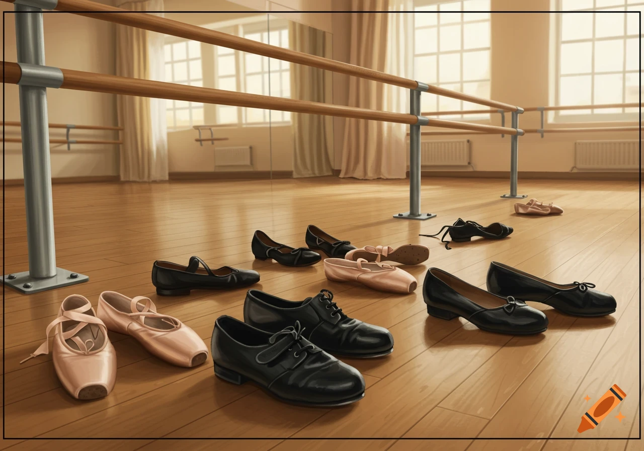 Scattered dance shoes, including ballet, jazz, and tap, on the wooden ...