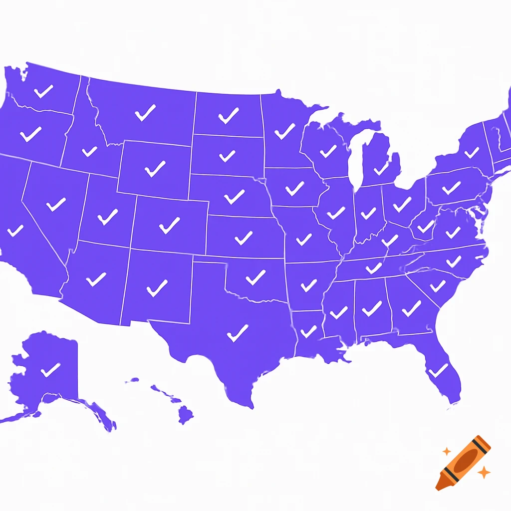 A purple map of the United States with a white checkmark in each state ...