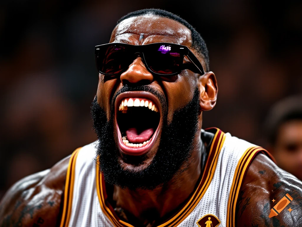 Close-up portrait of a man resembling LeBron James screaming and ...