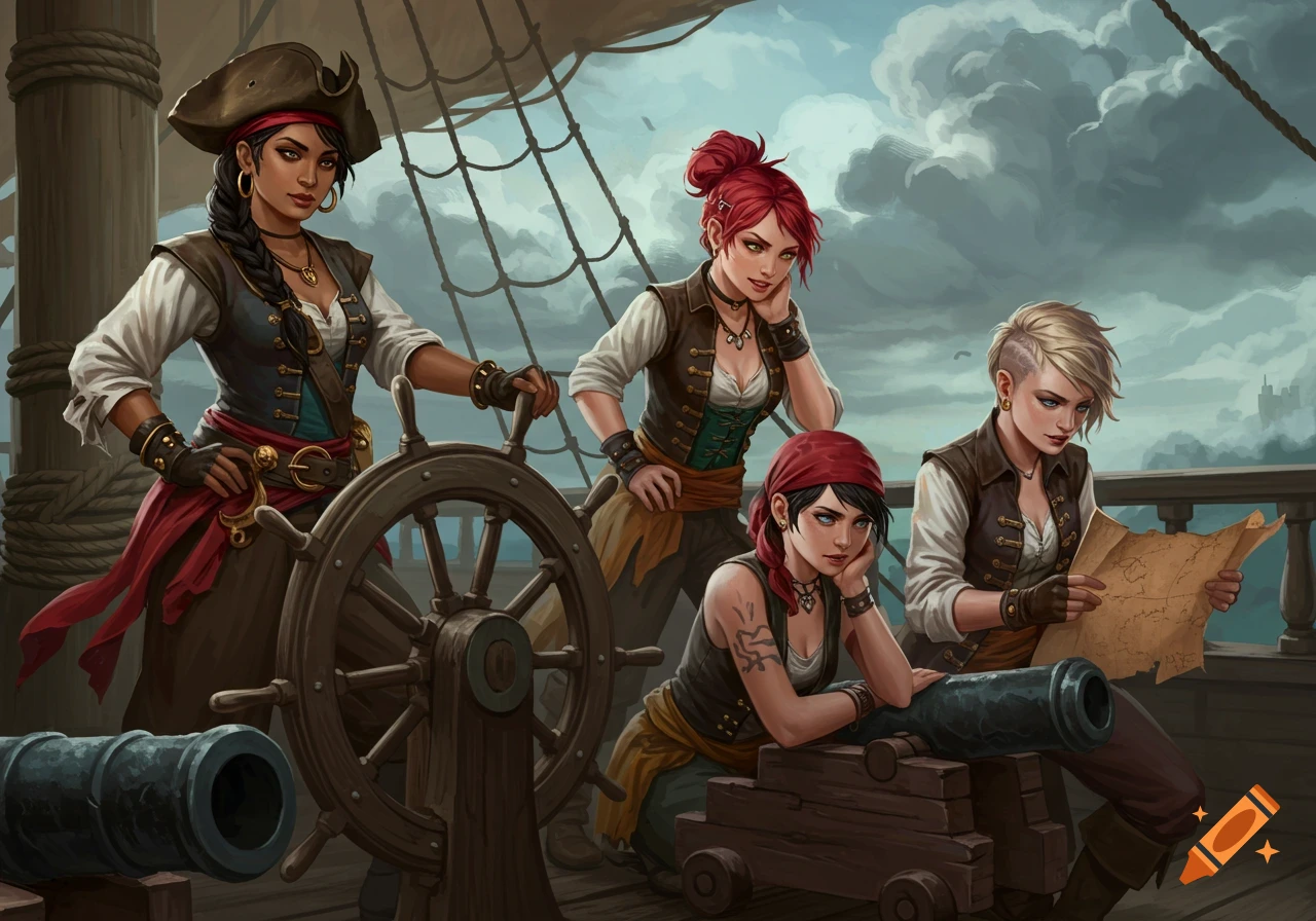 Illustration of four women pirates on a ship deck, one at the helm, one ...