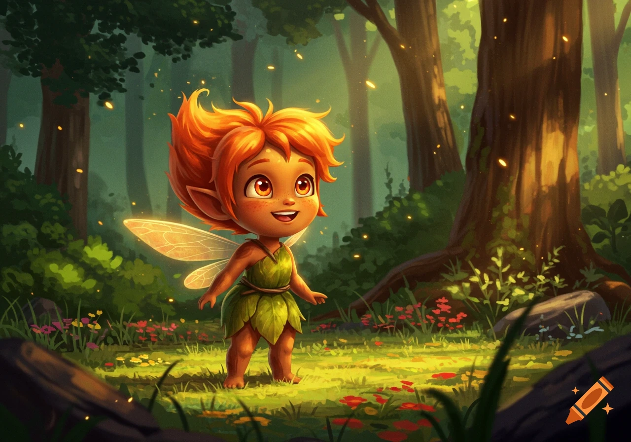 A cute, stylized cartoon earth pixie with orange hair and leaf clothing stands in a forest ...