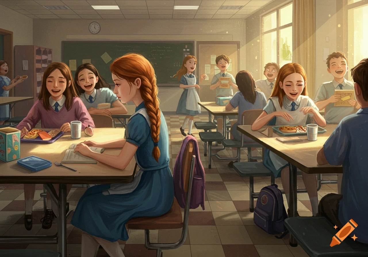 Illustration of children eating lunch in a classroom, one girl sits ...