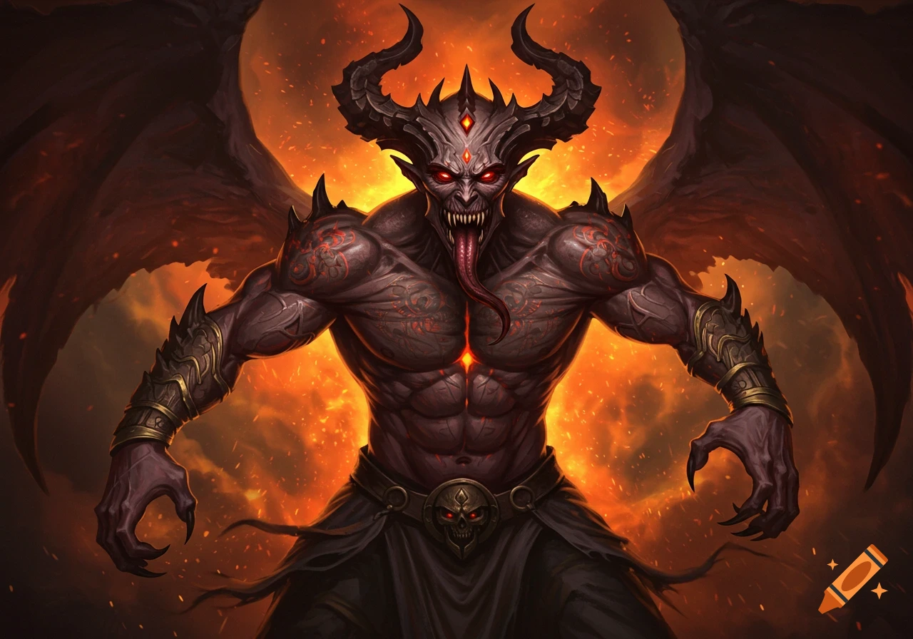 A muscular, horned demon with wings stands against a fiery background ...