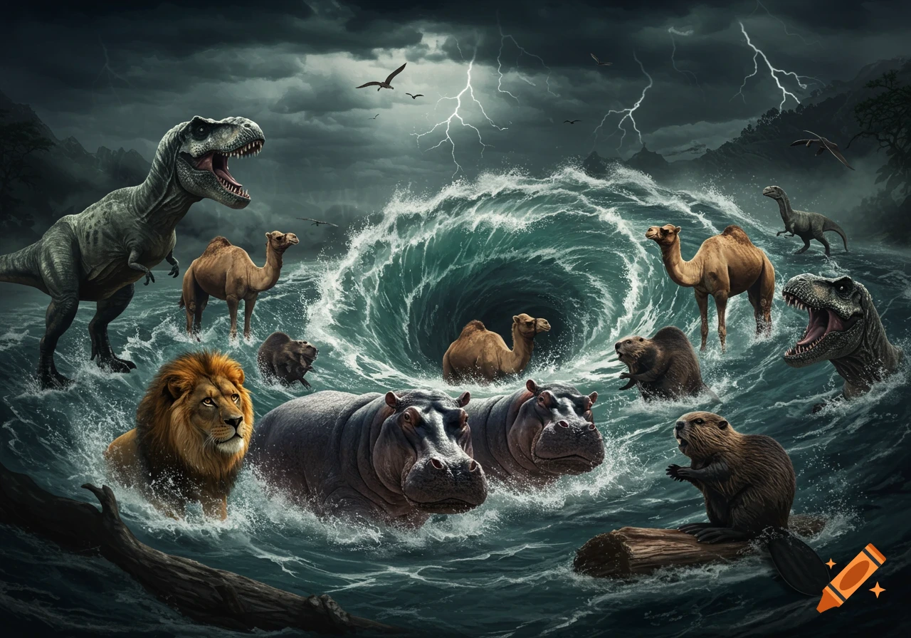 Various animals including a T-Rex, lion, hippos, camels, and beavers in ...