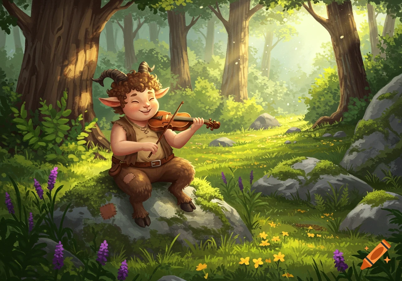 A small chubby satyr plays a violin while sitting on a rock in a sunny ...