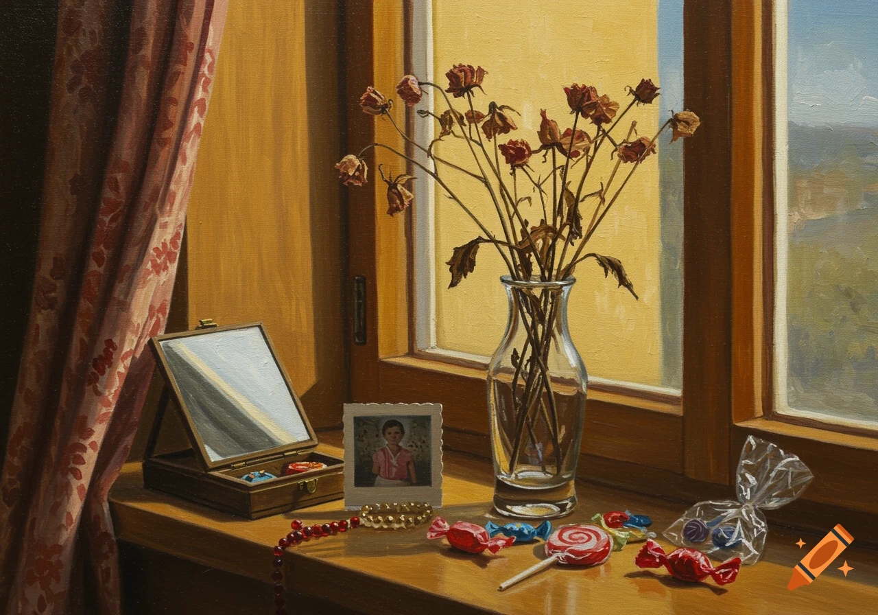 Still life painting on a window sill with dried flowers, jewelry box ...