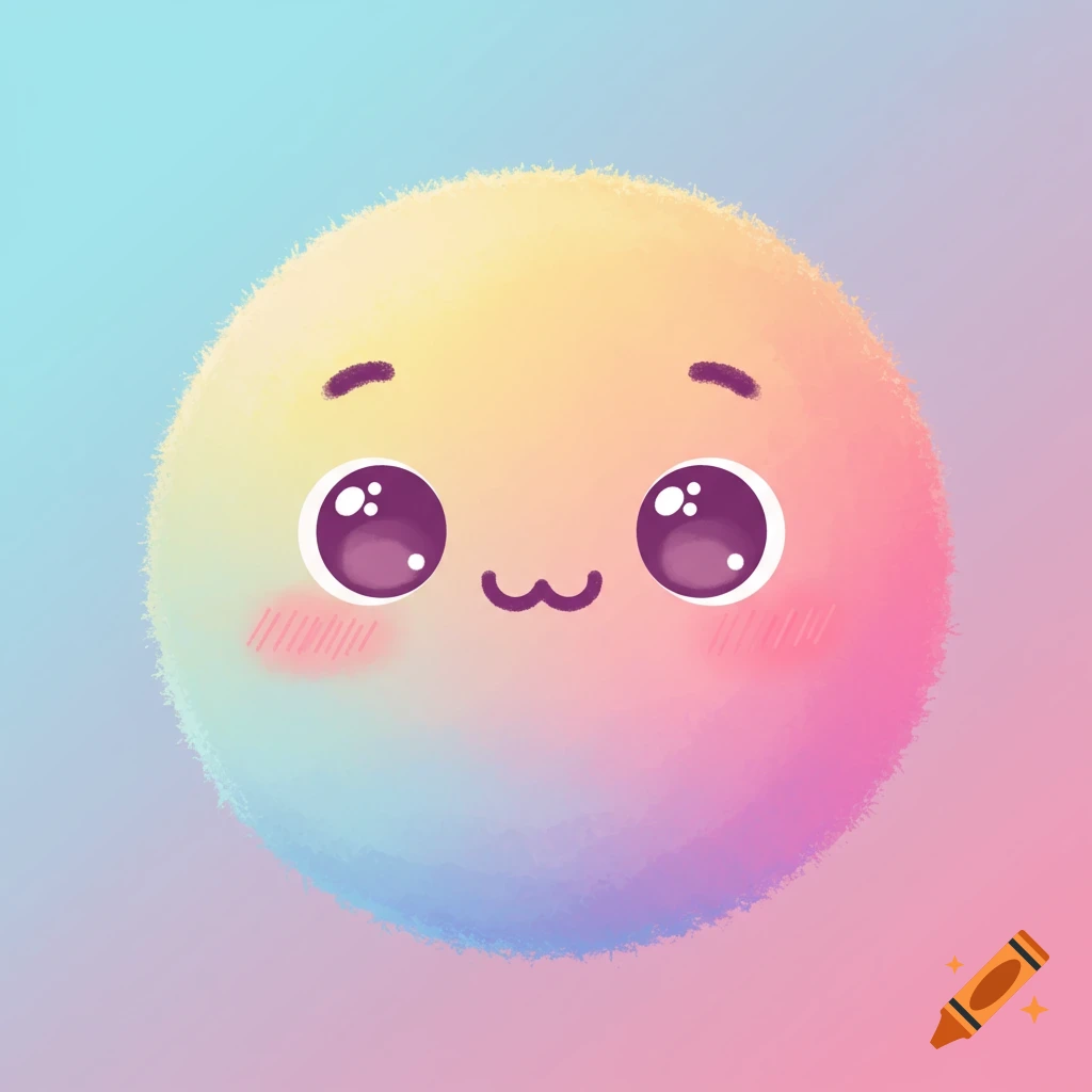 Cute fluffy pastel rainbow colored character with big eyes and blush on ...