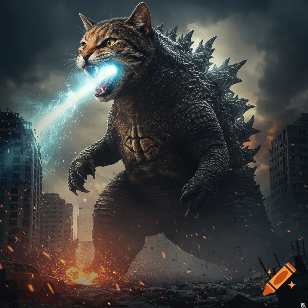 A cat-like Godzilla monster breathing blue atomic fire while destroying ...