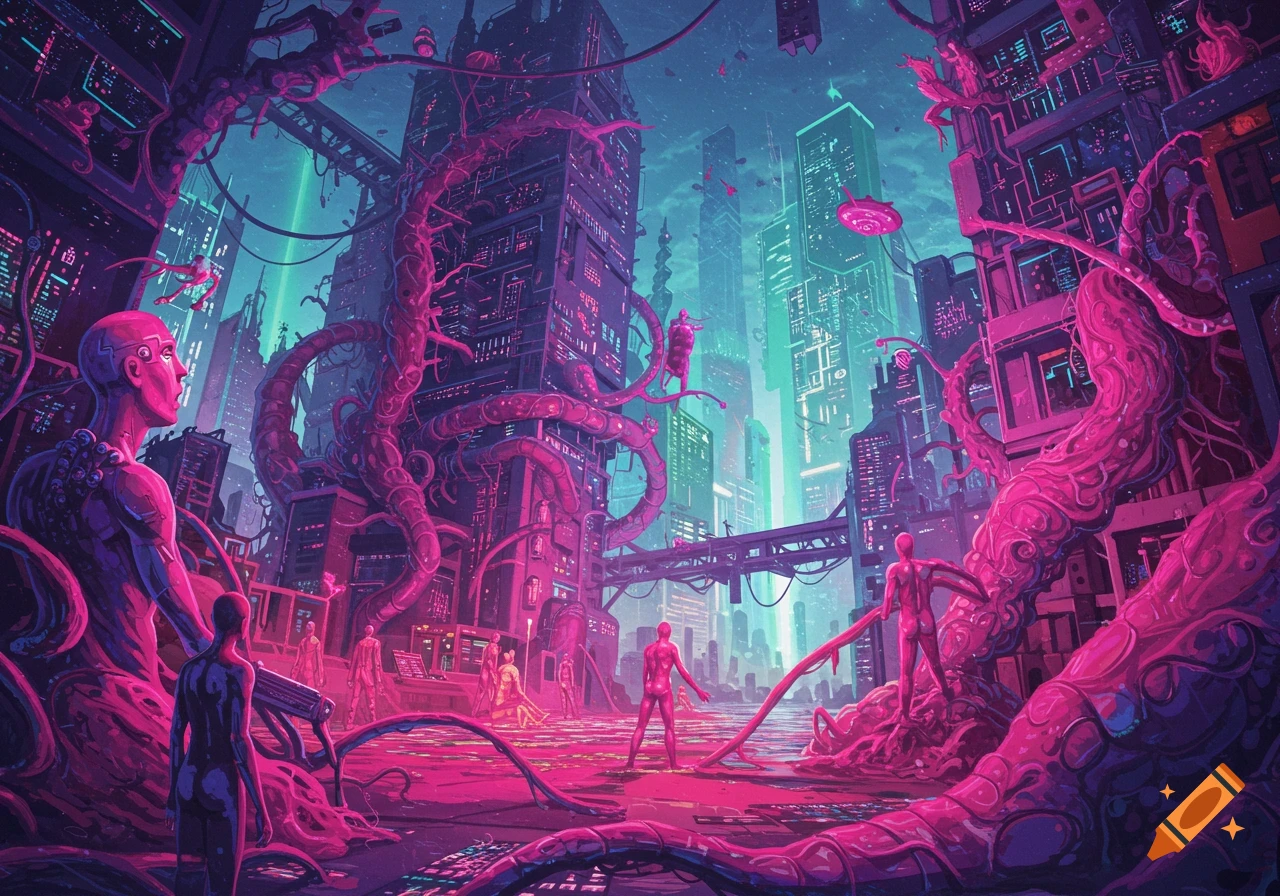 Surreal cyberpunk city scene with stylized figures and giant pink ...