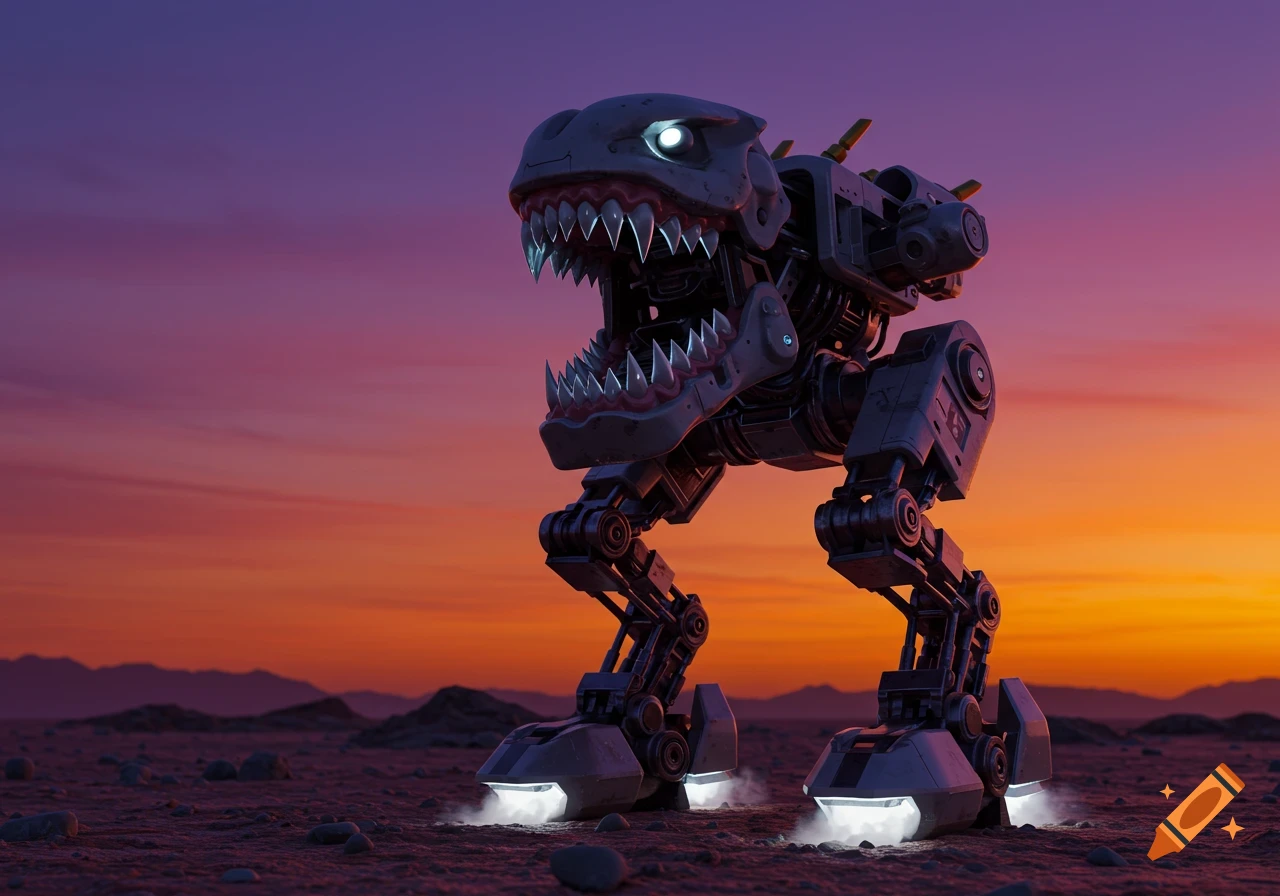 A metallic robot with sharp teeth and glowing feet stands in a desolate ...