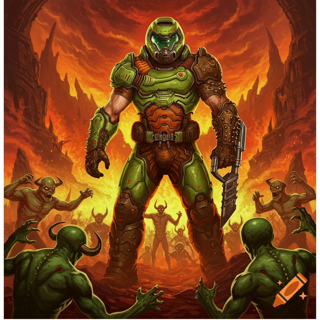 The Doom Slayer stands tall in a hellish landscape surrounded by demons ...