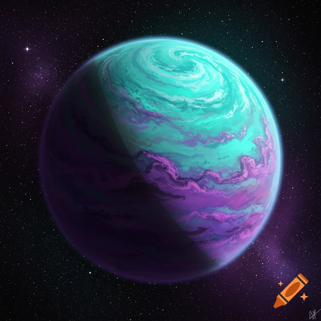 A vibrant teal and purple gas giant planet in space with swirling ...