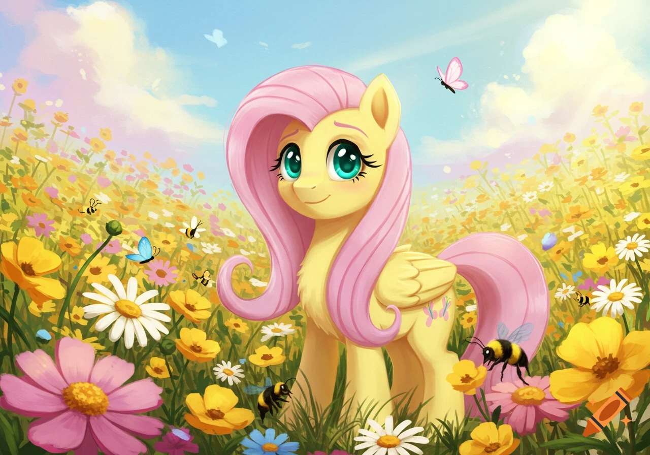 A cartoon yellow pony with pink hair stands in a field of colorful ...