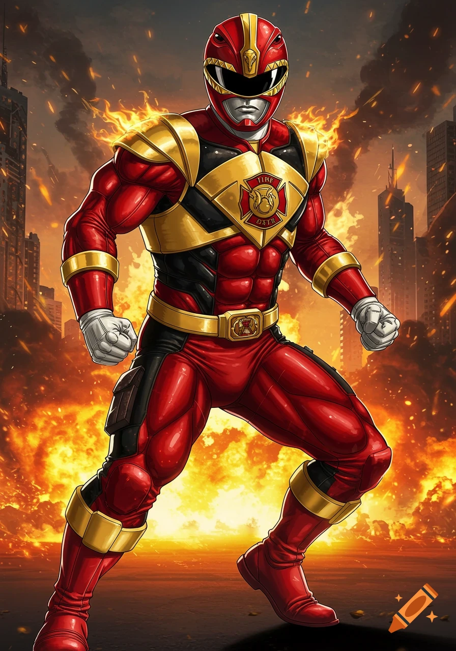 A red and gold firefighter-themed superhero stands in a city engulfed ...
